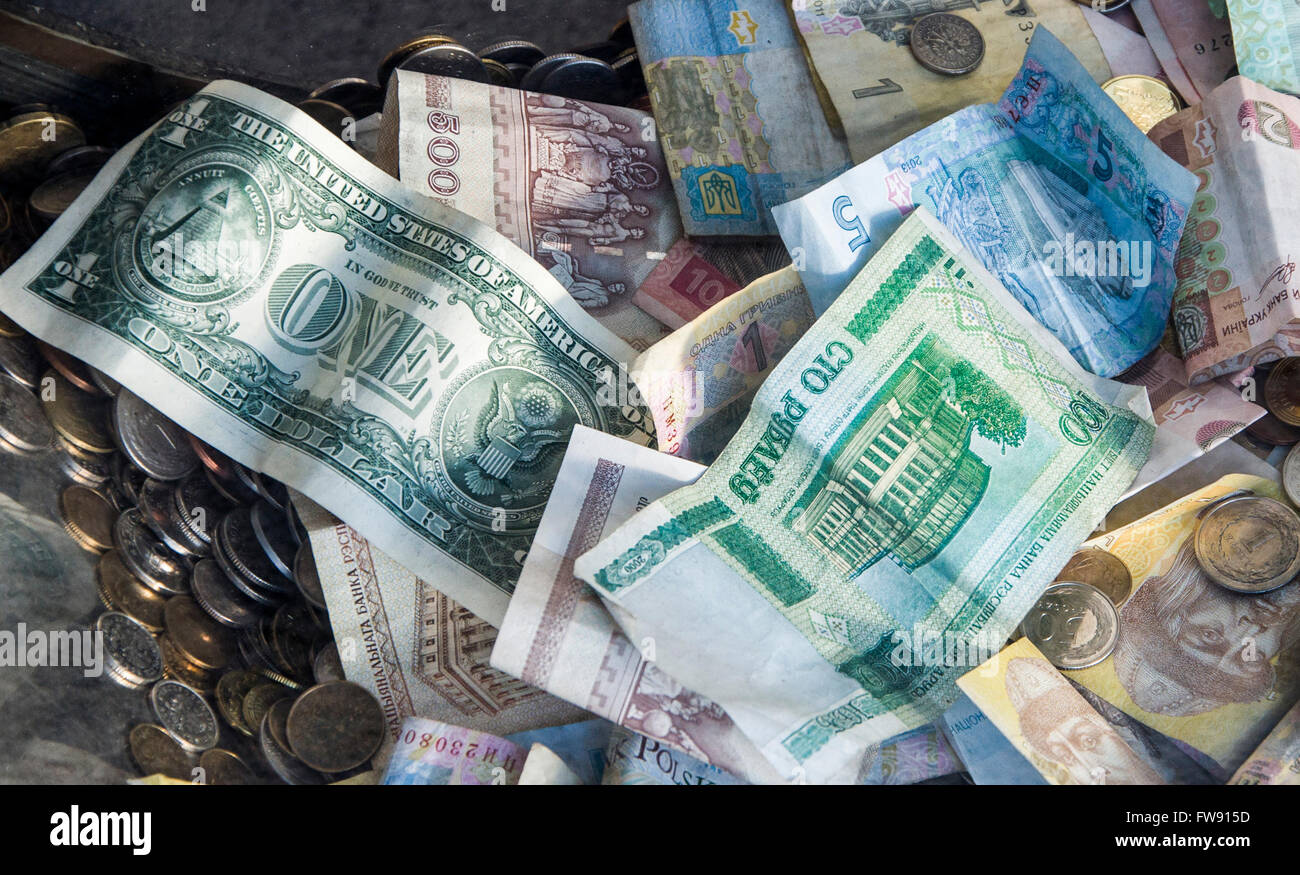 Foreign money collage background. Bank notes from different countries ...