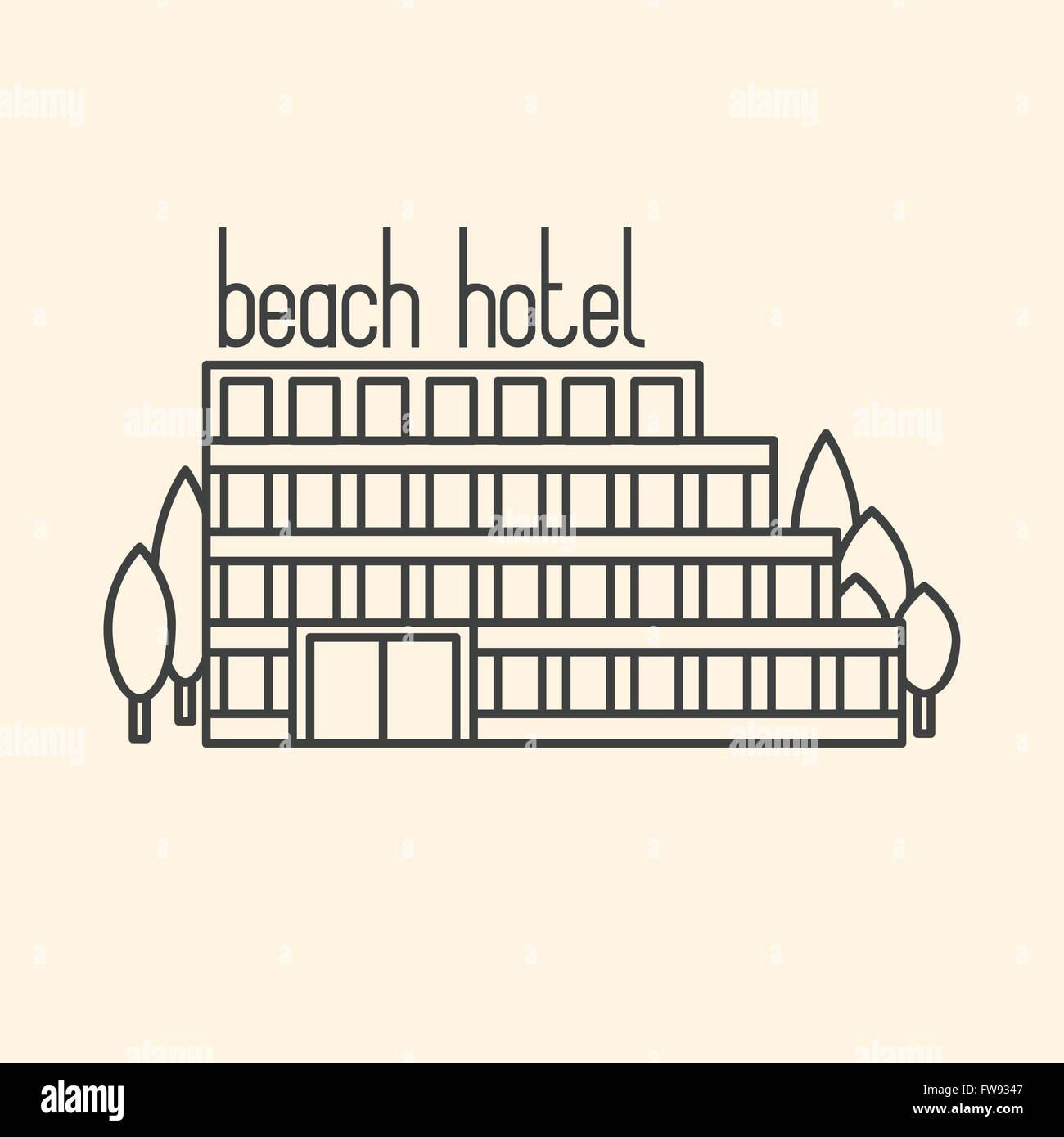 Graphic line art illustration of beach hotel on beige background Stock ...