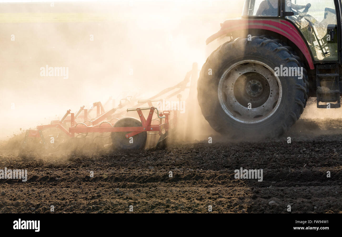Tractor cultivating field at spring Stock Photo - Alamy