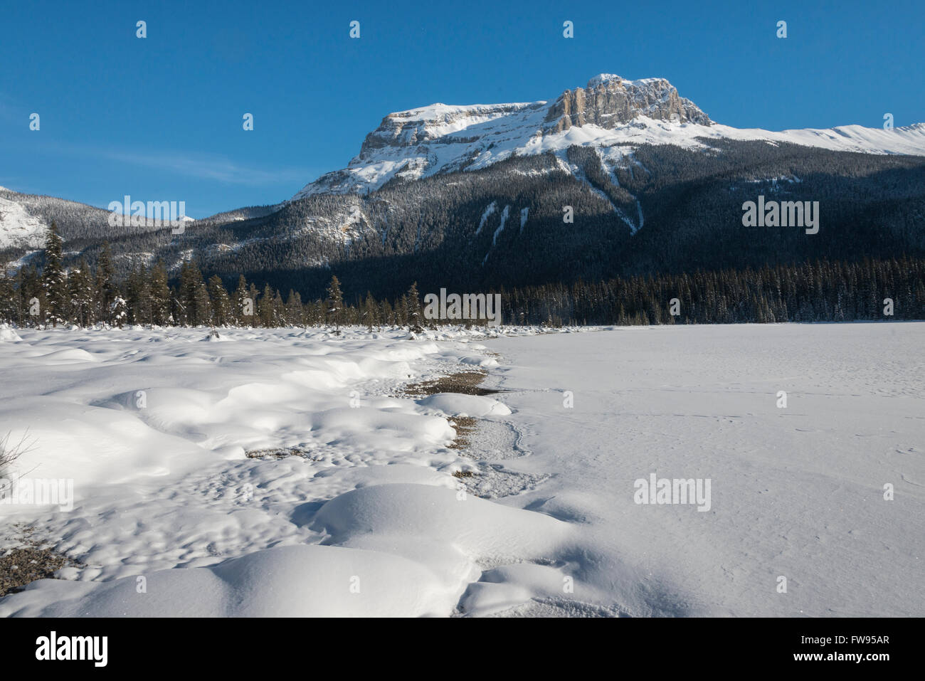 Snow covered landscape with mountains in winter, Emerald Lake, Field ...