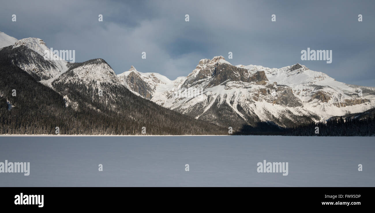 Snow covered landscape with mountains in winter, Emerald Lake, Field ...