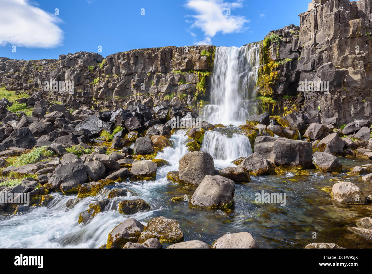 Beautiful Oxararfoss waterfall in summer, Thingvellir National Park ...
