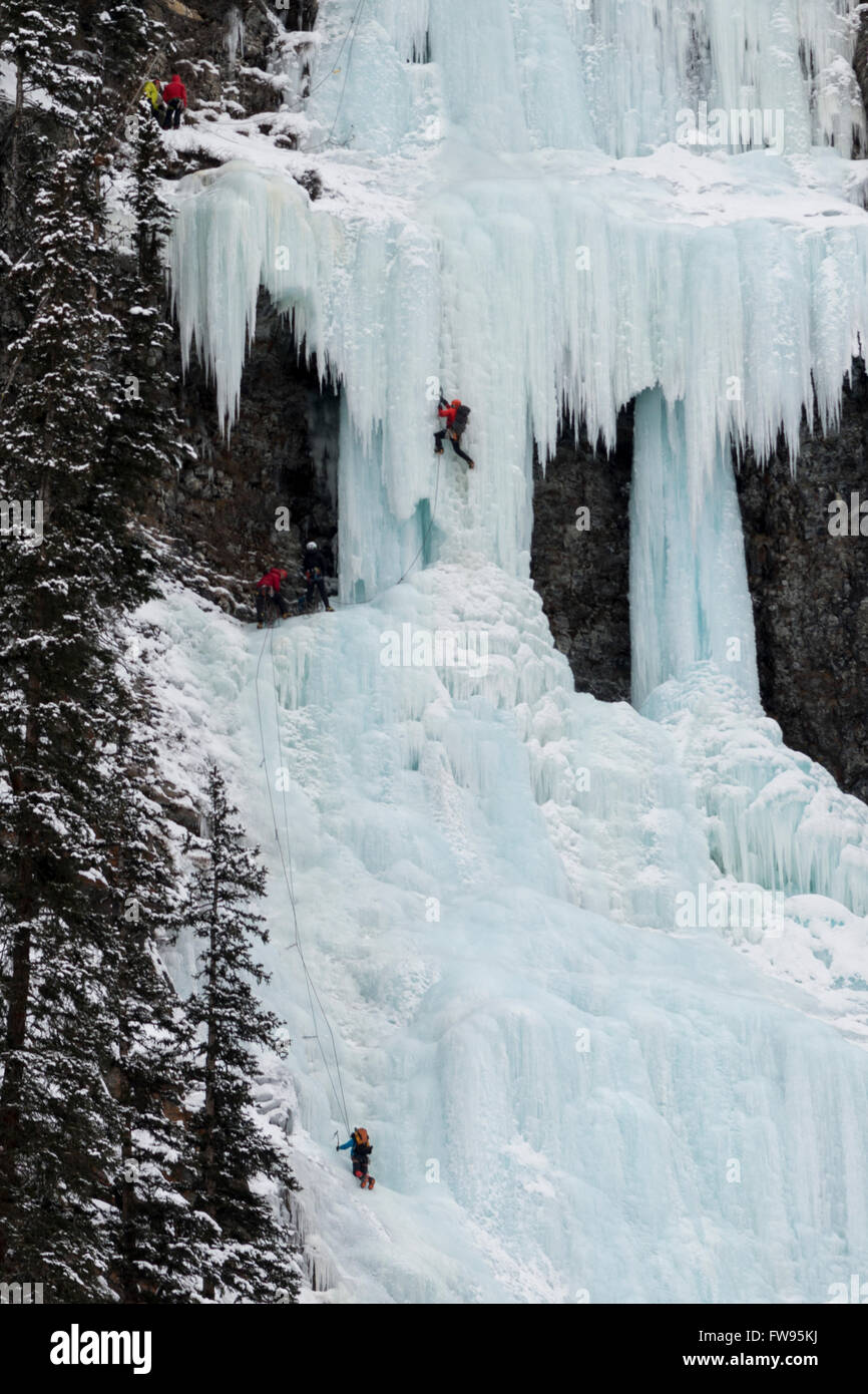 Ice climbers on frozen waterfall, Lake Louise, Banff National Park ...
