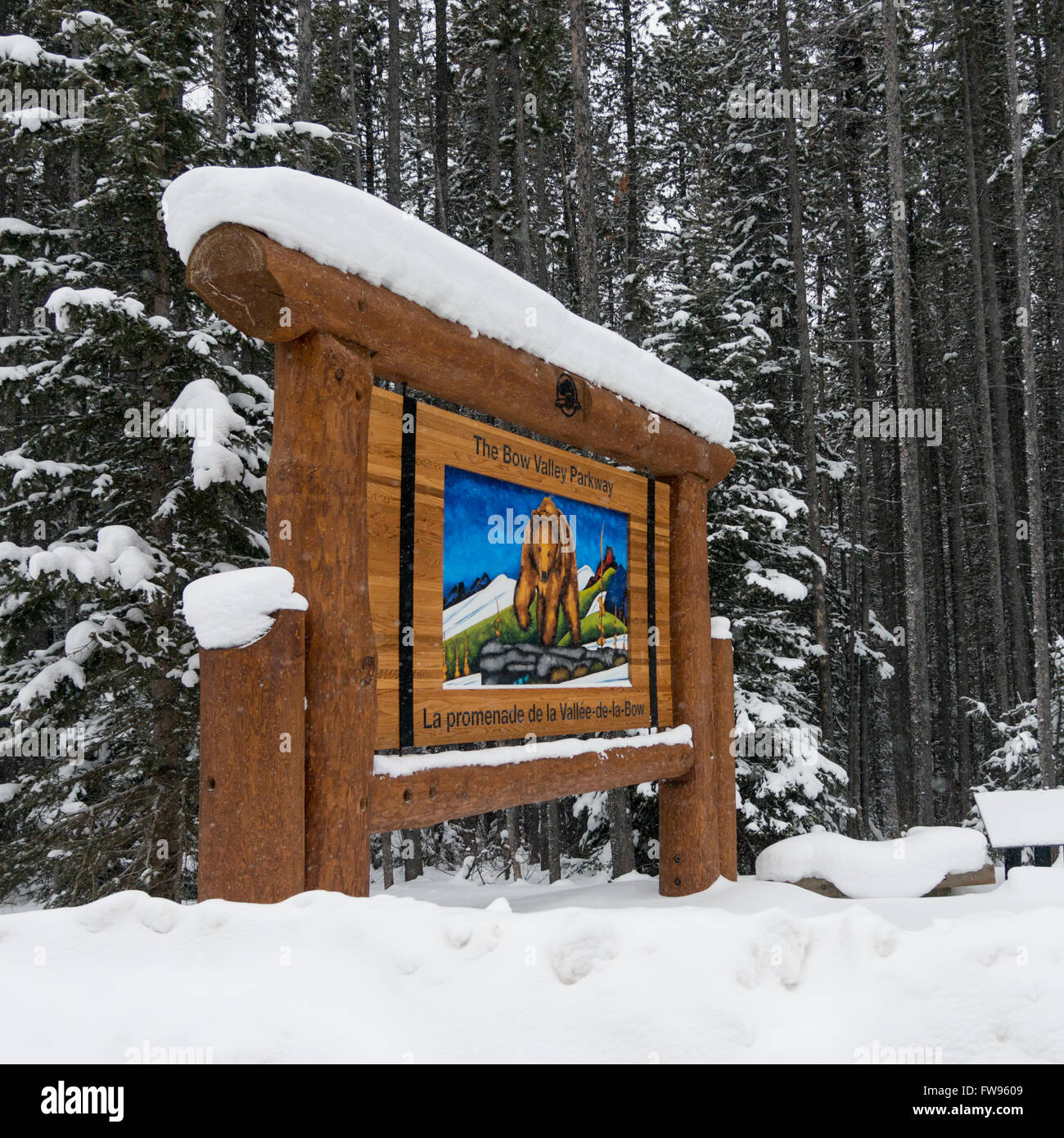 Sign board in Bow Valley Parkway, Johnson Canyon, Banff National Park ...