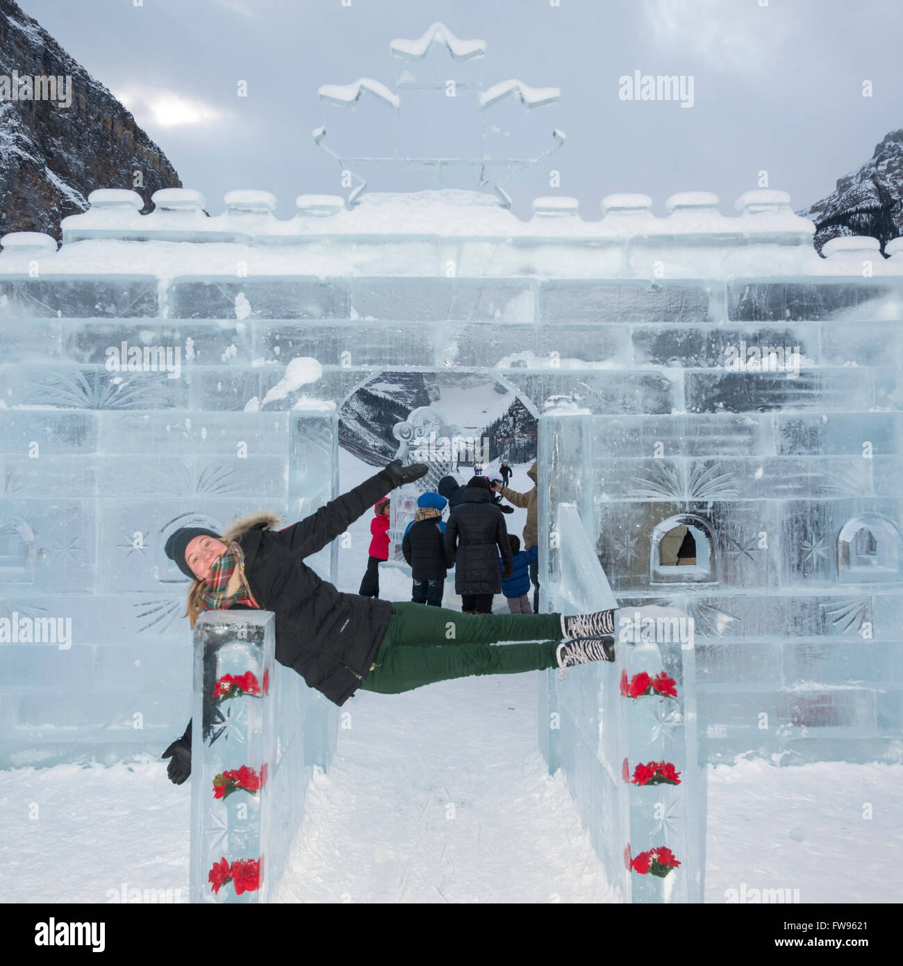 Woman posing on ice castle, Banff National Park, Alberta, Canada Stock ...