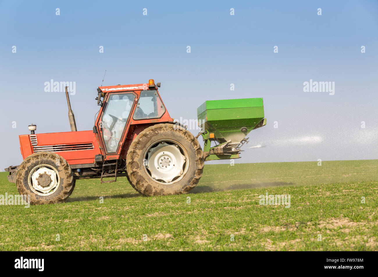 Farmer in tractor fertilizing wheat field at spring with npk Stock ...