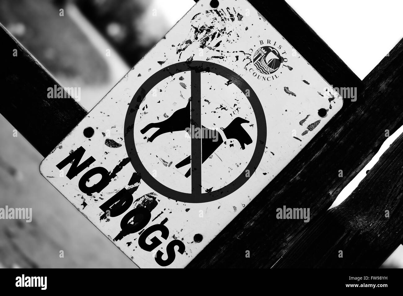 A dirty and defaced no dogs sign in St Andrews Park, Bristol Stock ...