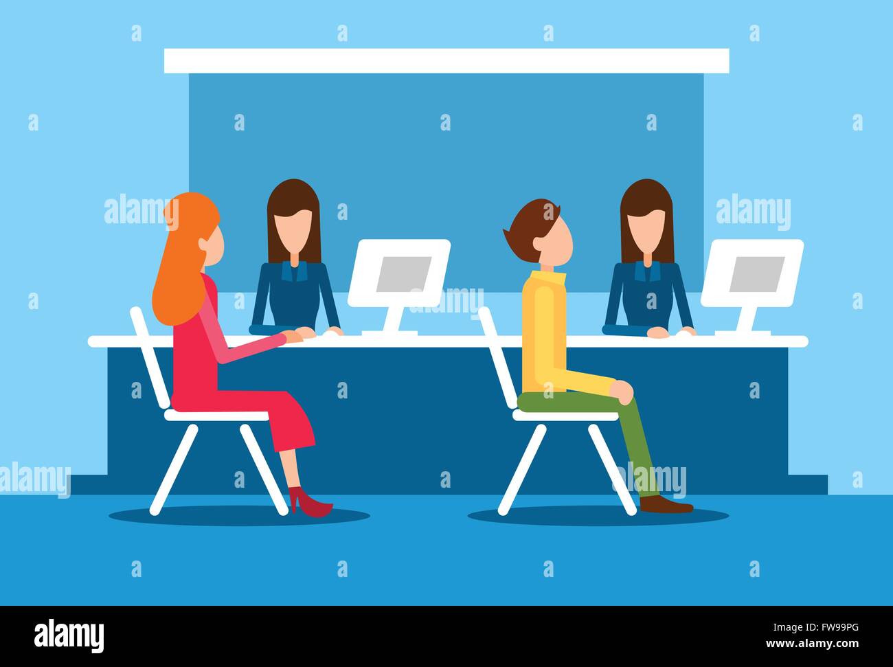 Bank Office Interior Client Man Woman Sit Desk Banker Worker Workplace ...