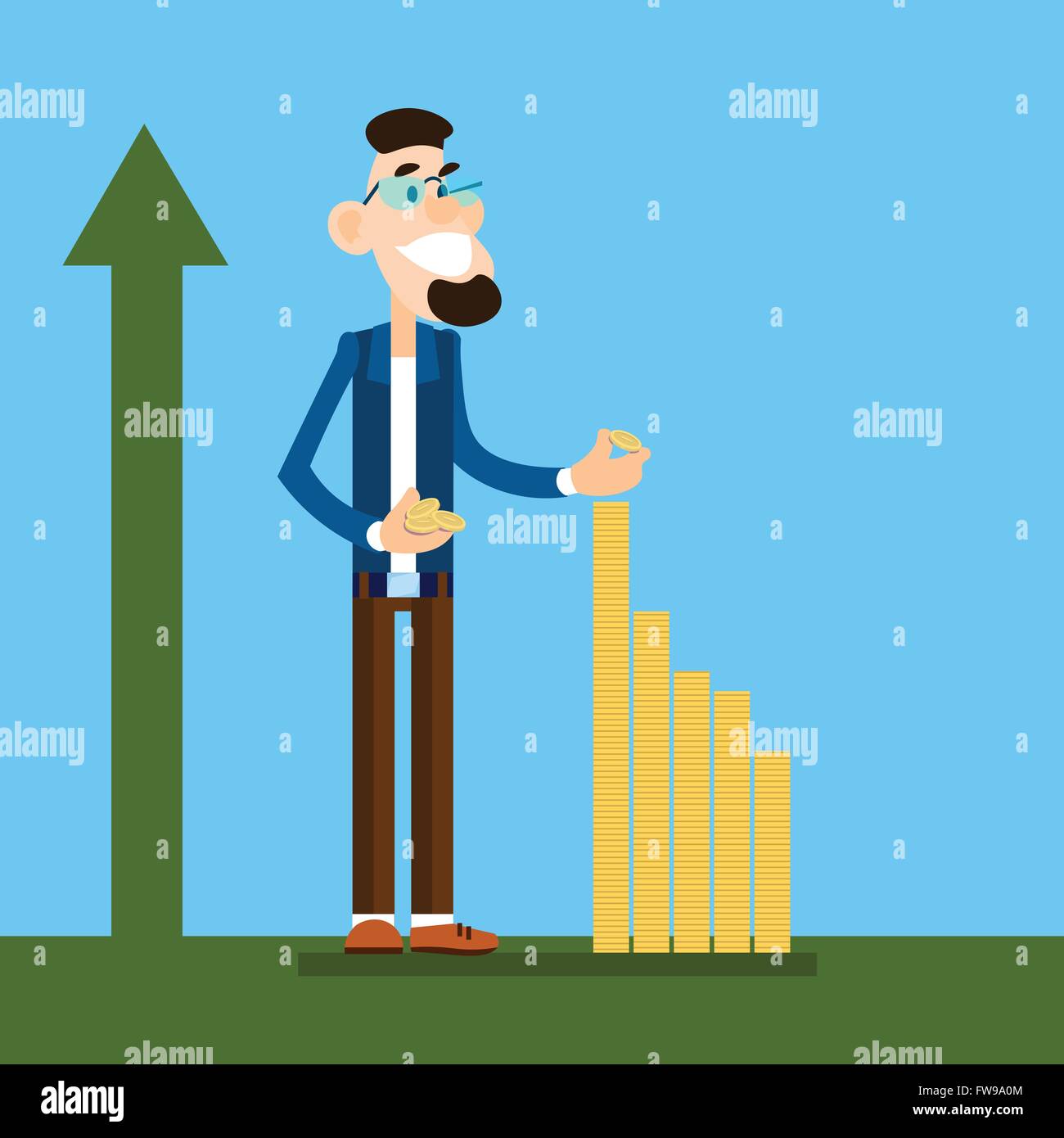 Rich Business Man Build Financial Graph With Coin, Arrow Up Wealth ...