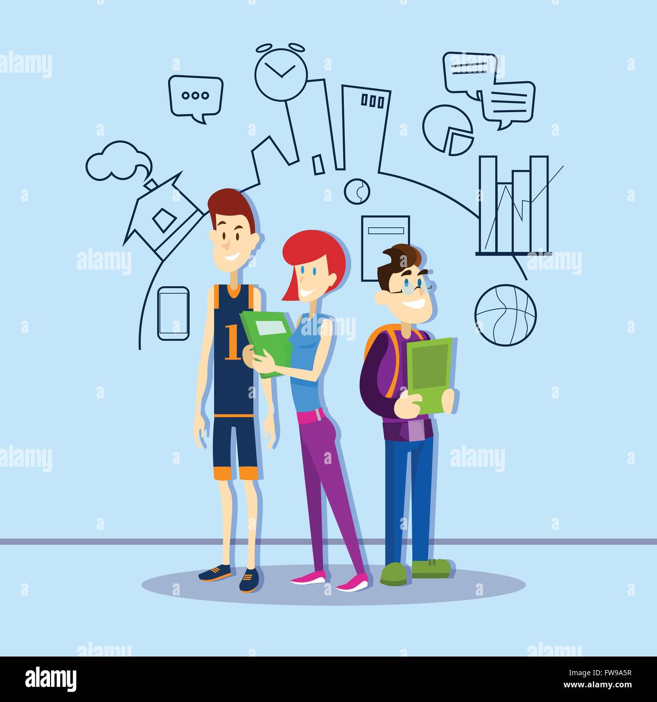 Student Group Hold Folders Education Over Sketch Hand Drawn Background ...