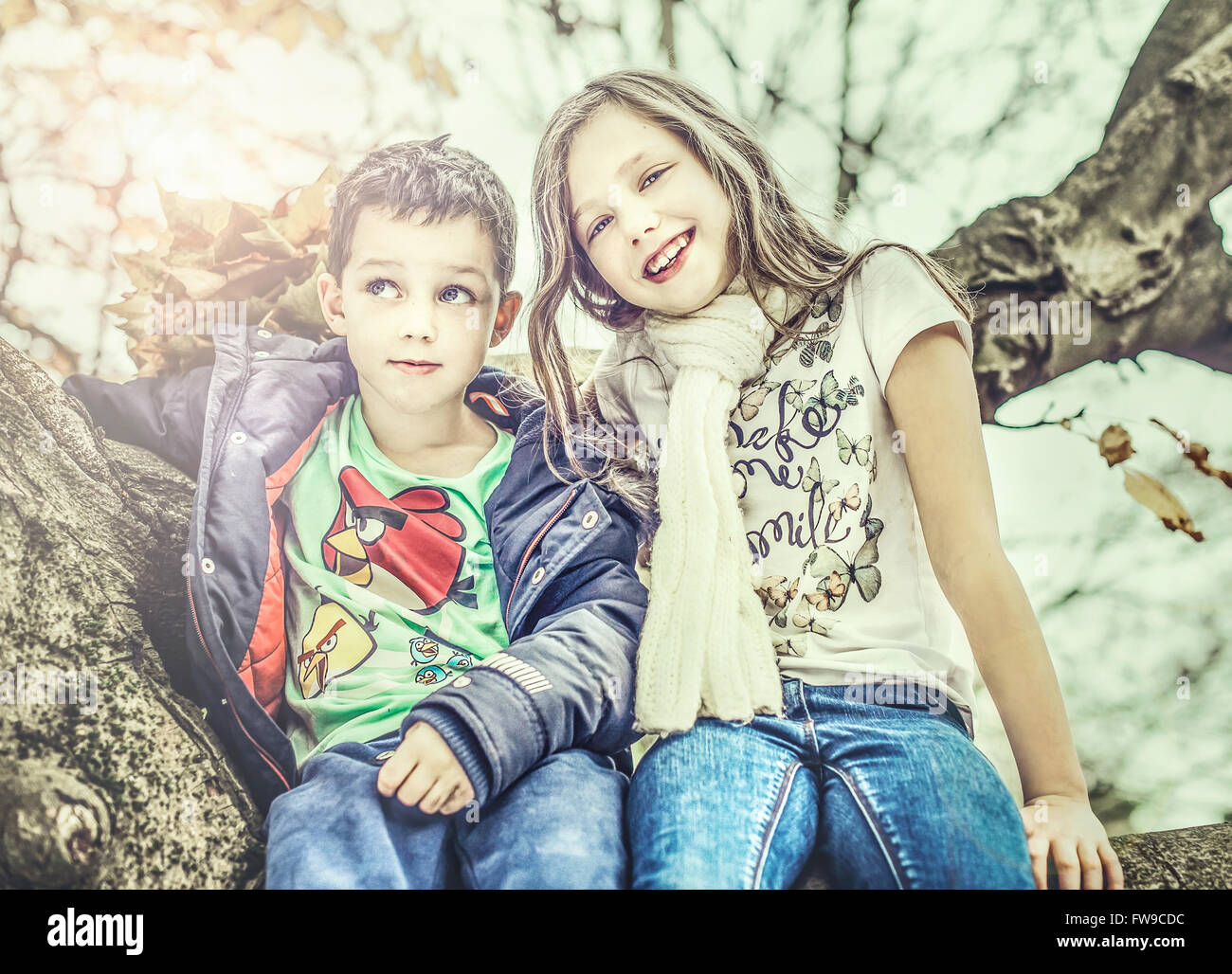 two children playing in autumn park and sitting high on tree branch ...