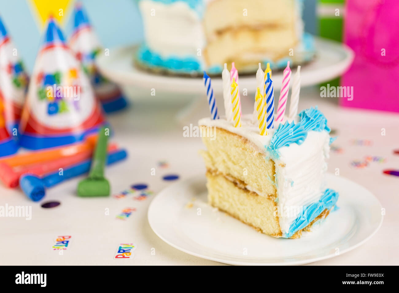 Simple white Birthday cake slice with white and blue icing Stock Photo ...