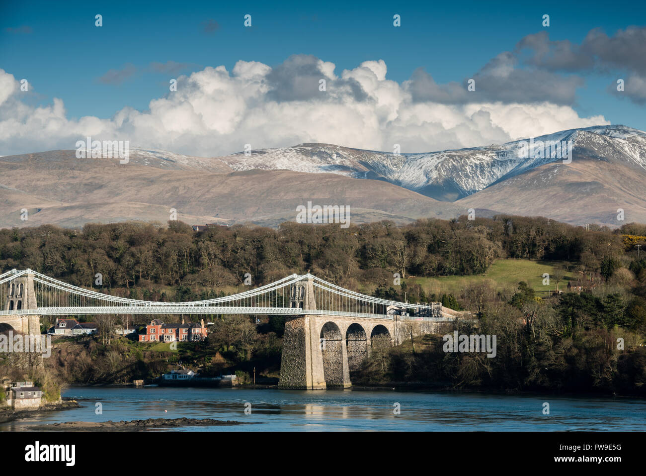 The Menai bridge crossing from Anglesey to the mainland, with the snow ...