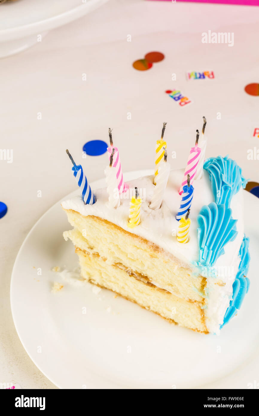 Simple white Birthday cake slice with white and blue icing Stock Photo ...