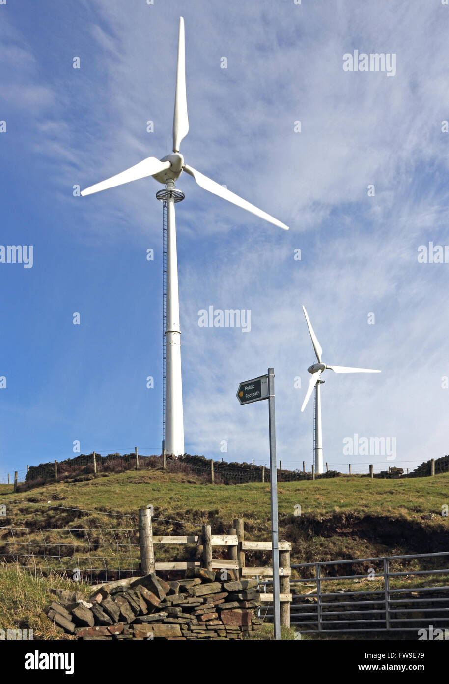 Wind powered electricity generating turbines in rural setting Stock ...
