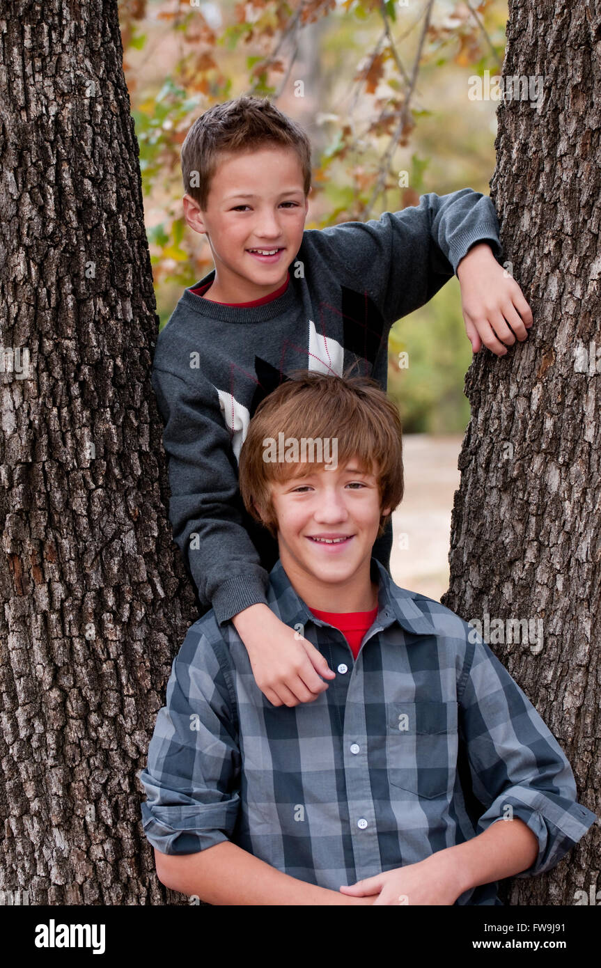 Portrait of two adorable boys in a tree Stock Photo - Alamy