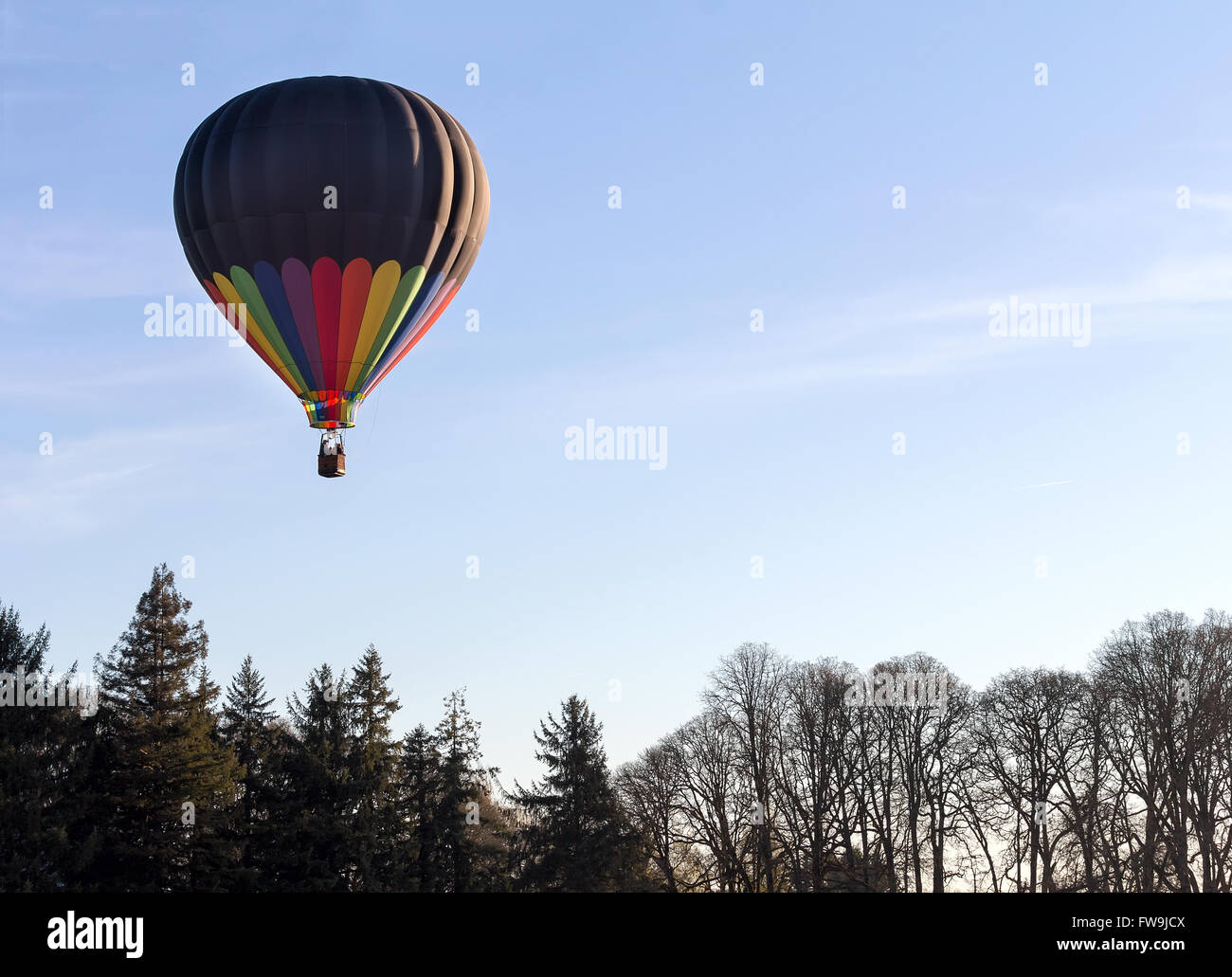 Colorful Hot Air Balloon Flying over landscape with trees Stock Photo ...