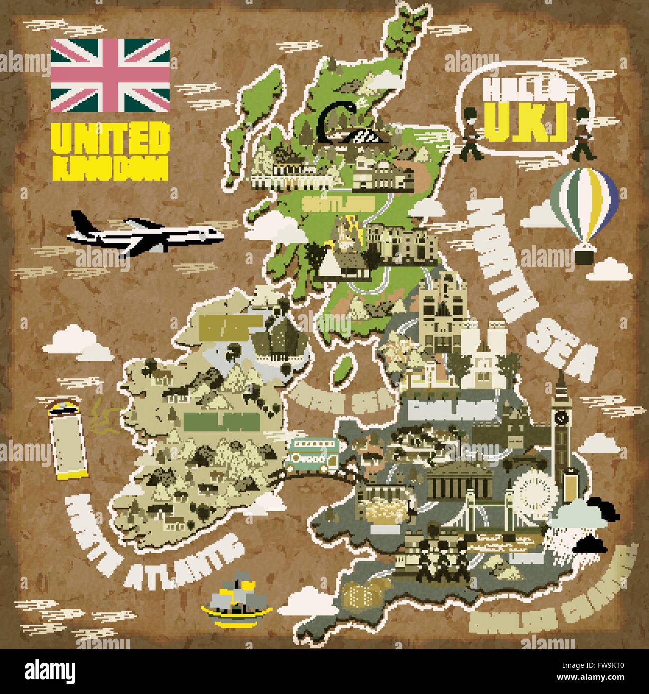 attractive United Kingdom travel map with famous attractions Stock ...