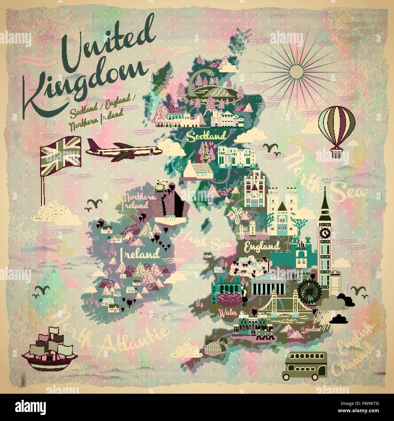 retro United Kingdom travel map with famous attractions Stock Vector ...