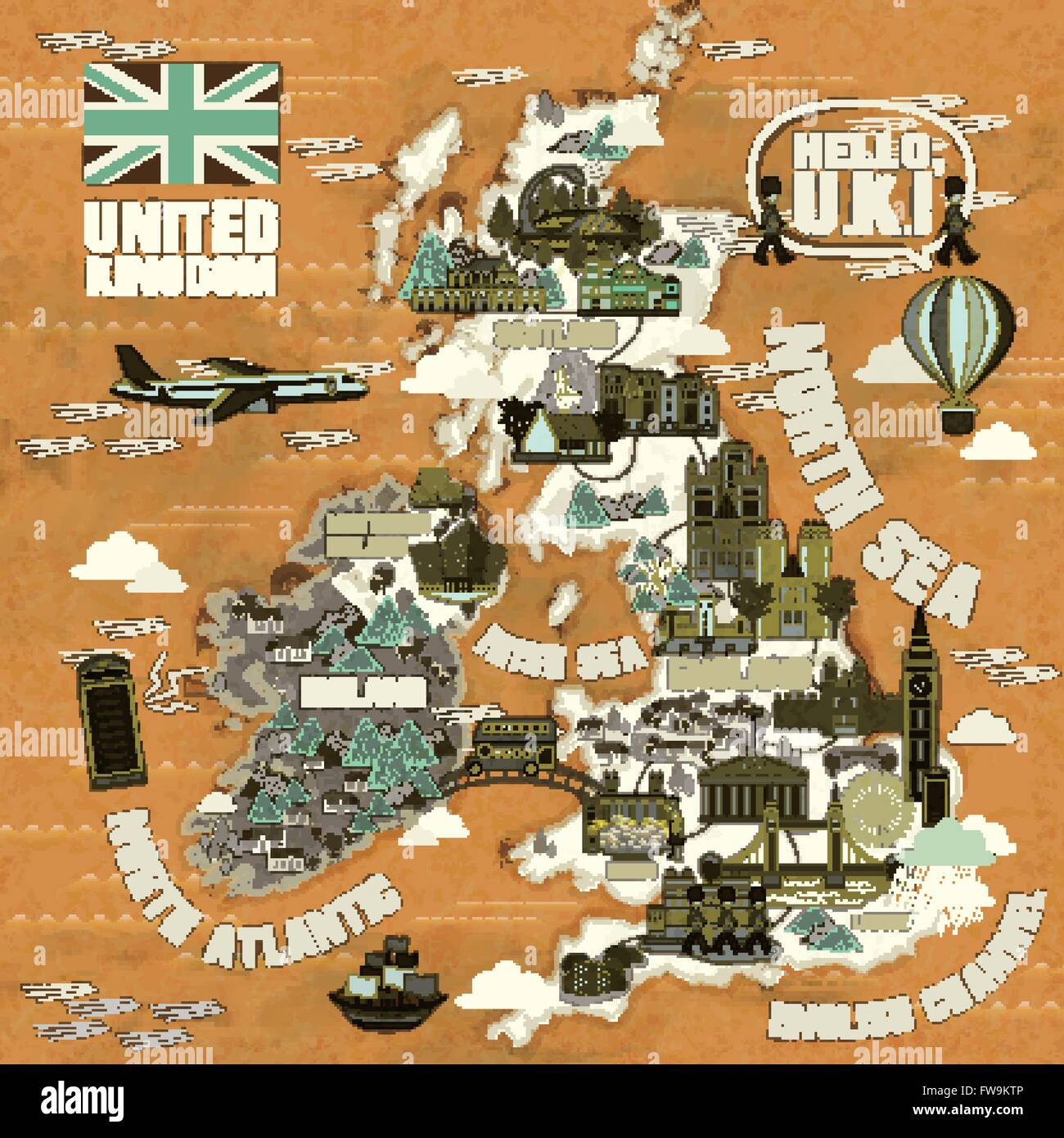 retro United Kingdom travel map with famous attractions Stock Vector ...