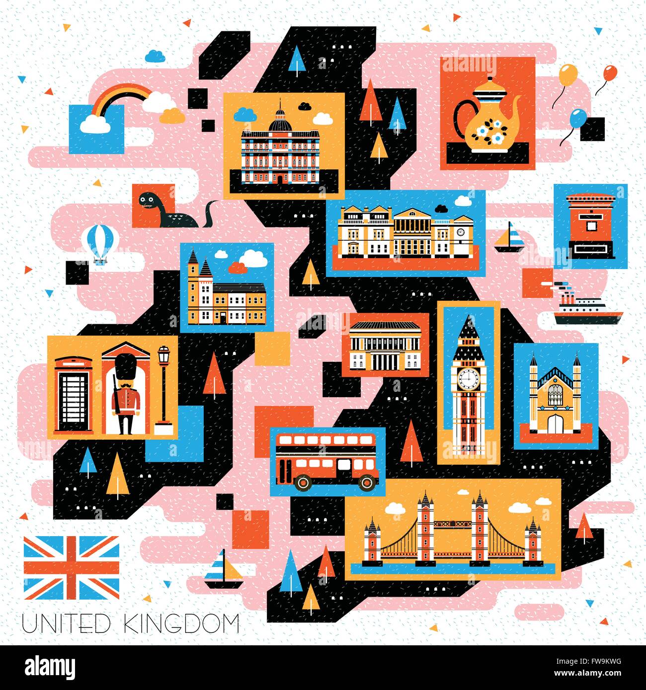 modern United Kingdom travel map design with attractions in multicolor ...
