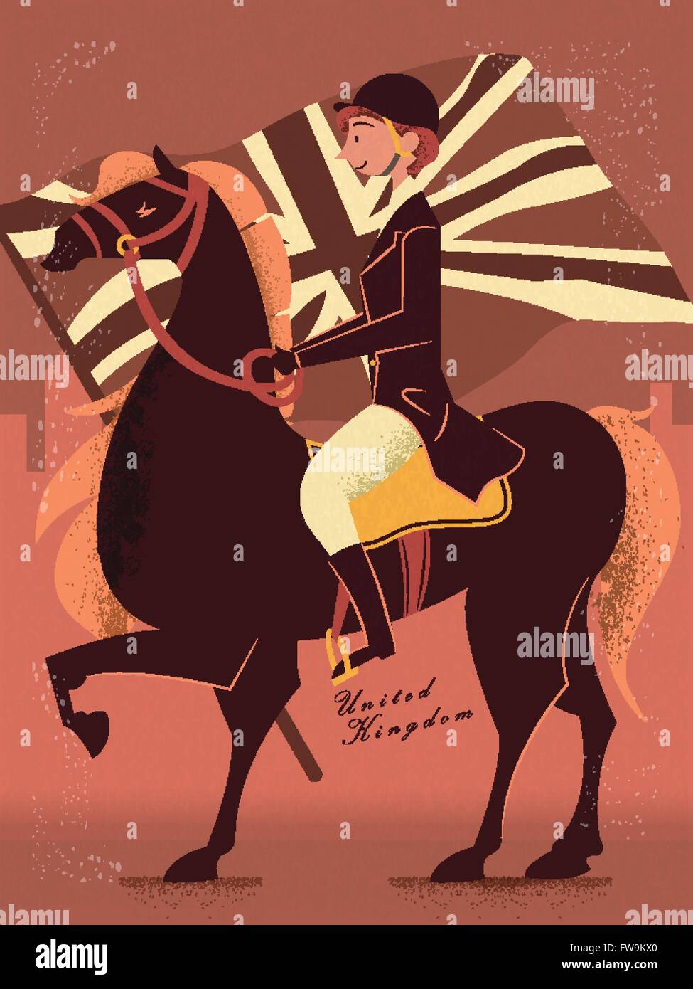 attractive United Kingdom travel poster with horseback rider Stock ...