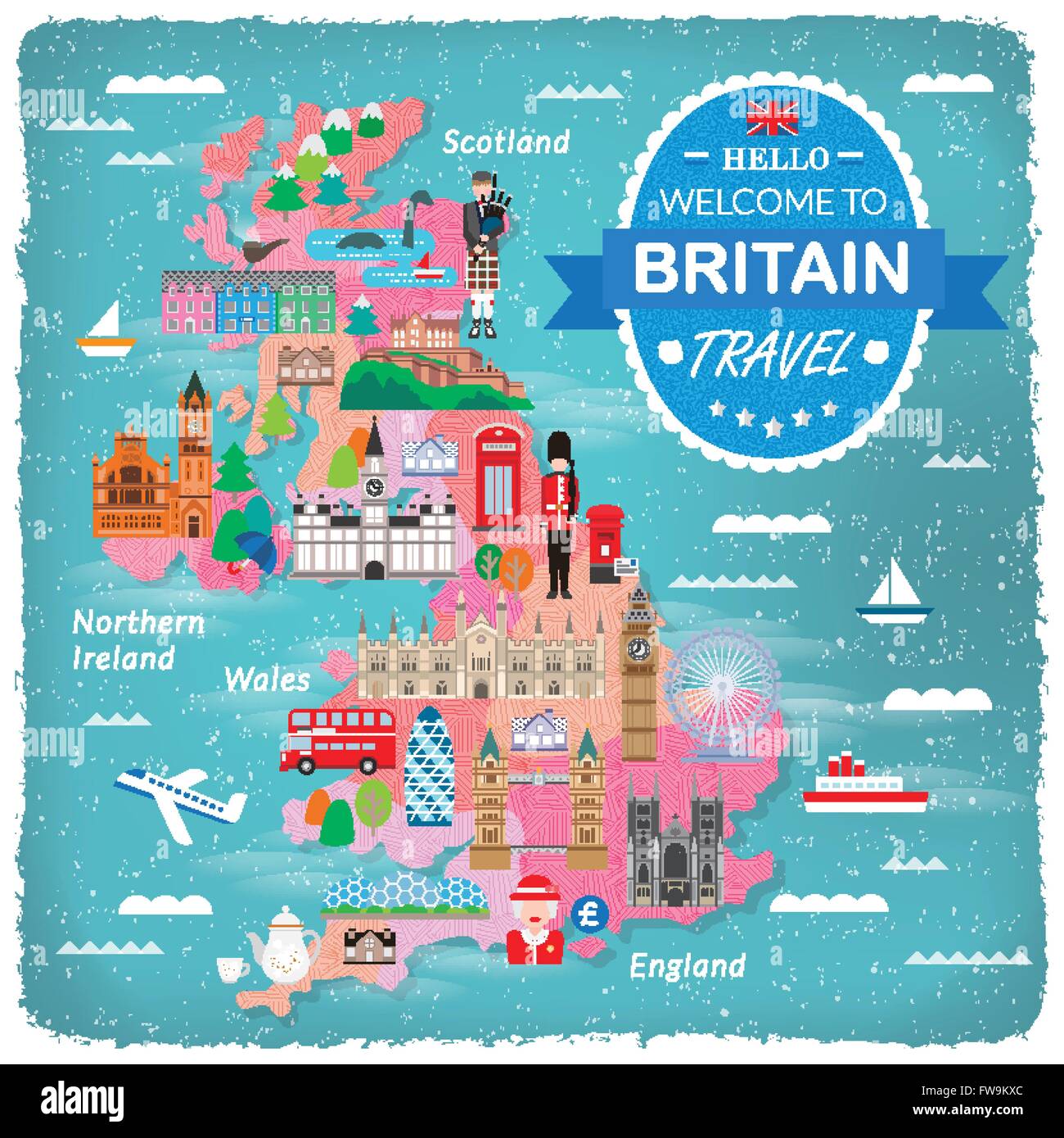 lovely United Kingdom travel map design with attractions Stock Vector ...
