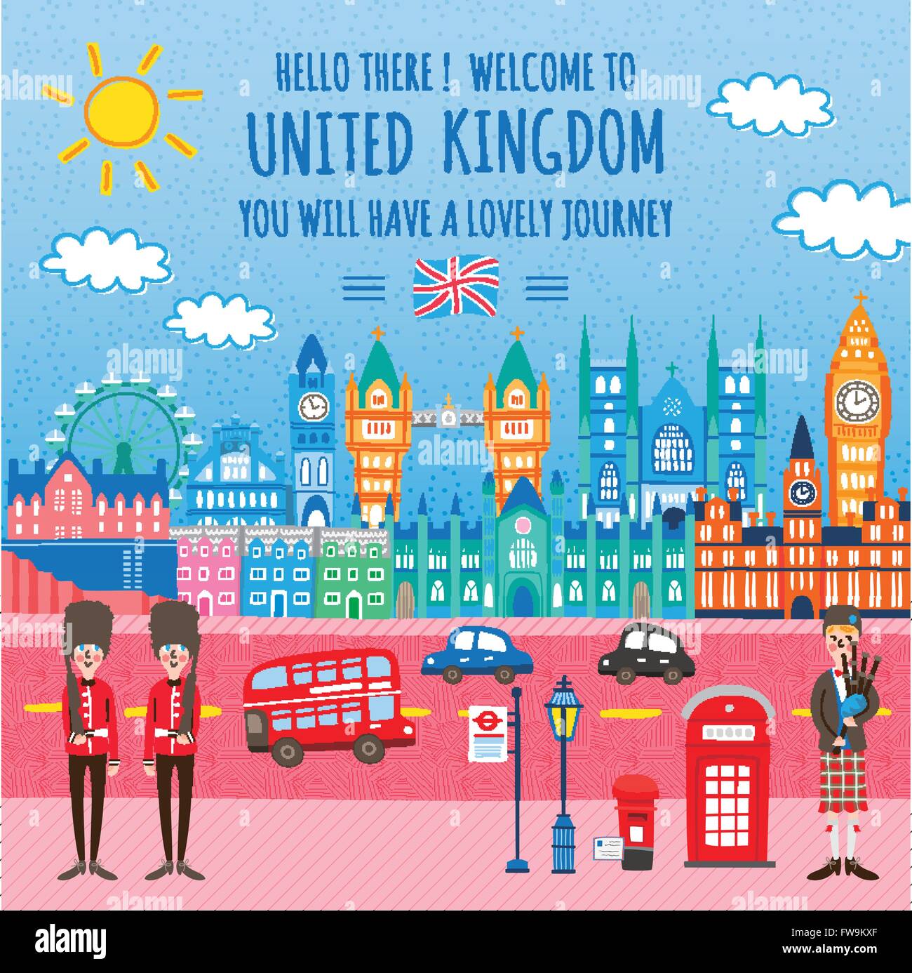 adorable United Kingdom travel poster design with street scenery Stock ...