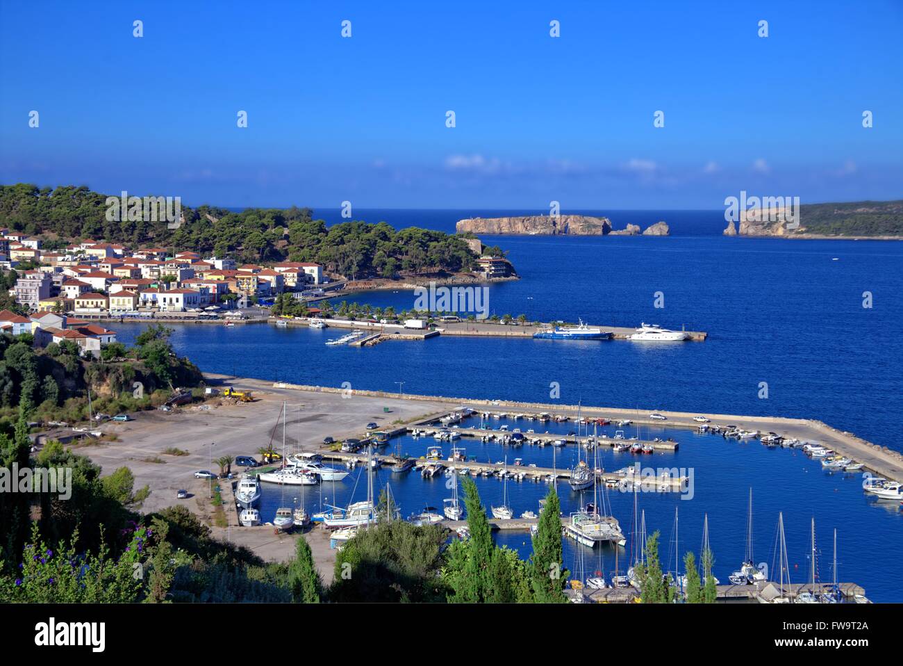 view on city of Pylos and Navarino bay, Messenia, Greece Stock Photo ...