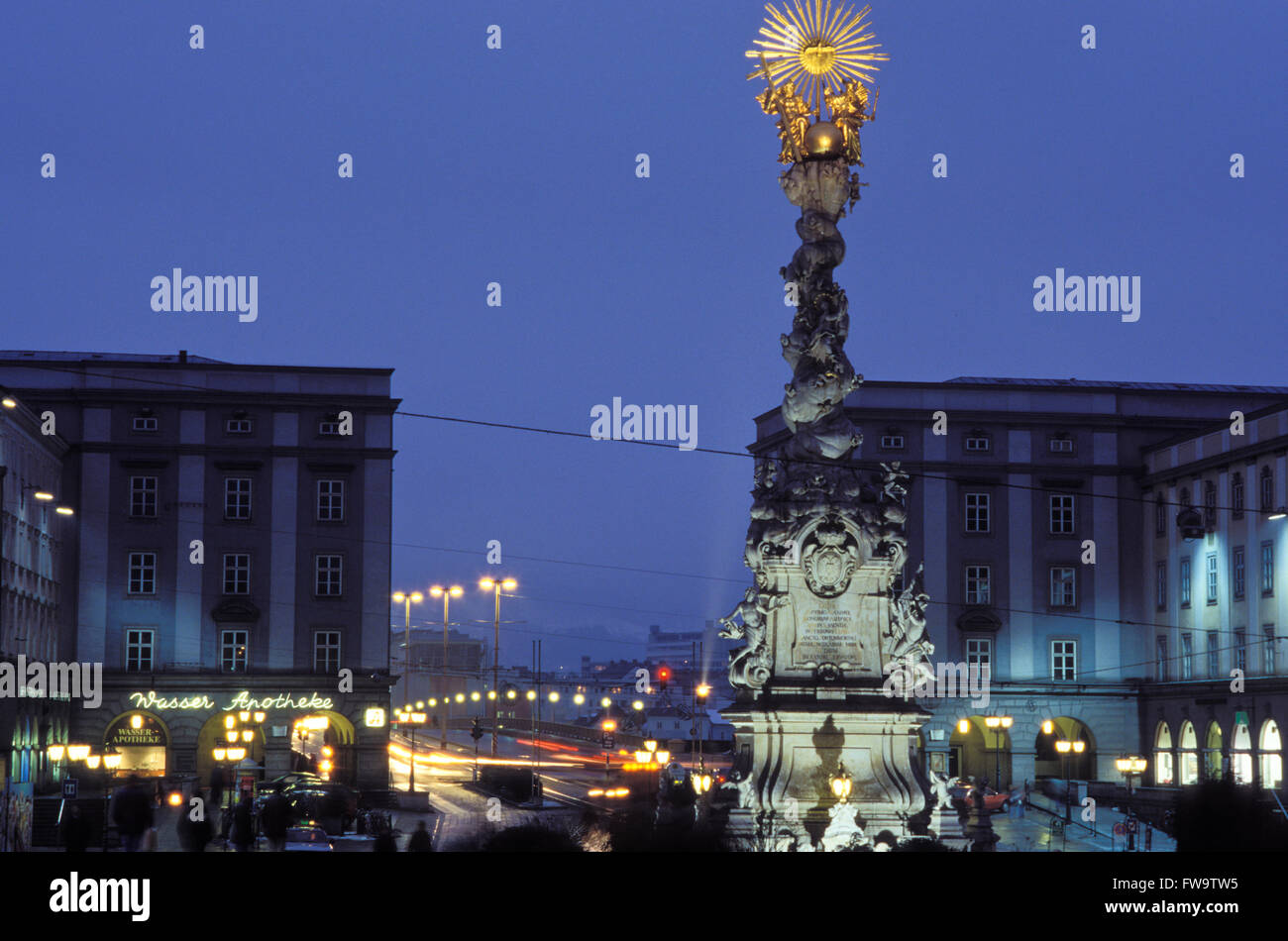 Europe, Austria, Linz, the Baroque Trinity Column at the Main Square ...