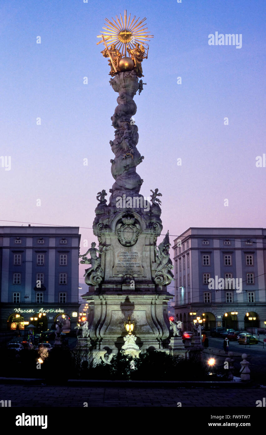 Europe, Austria, Linz, the Baroque Trinity Column at the Main Square ...