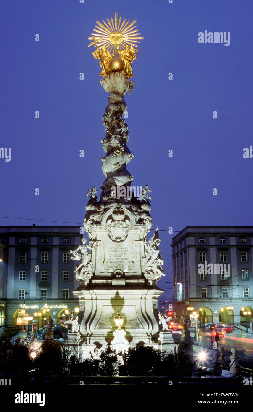 Europe, Austria, Linz, the Baroque Trinity Column at the Main Square ...