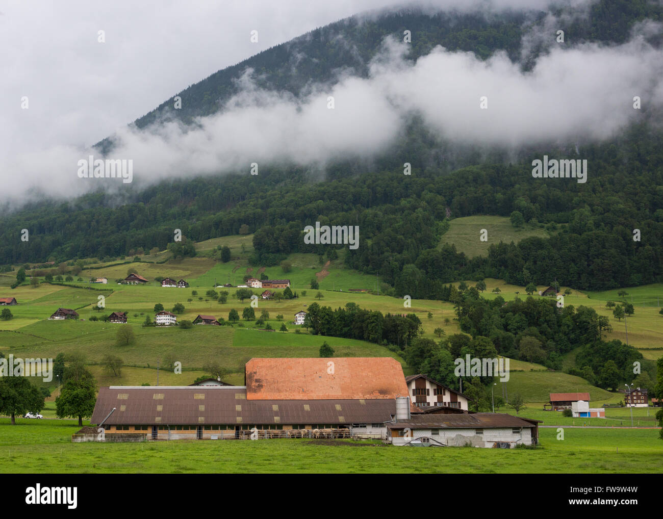 Farmland in Europe with houses and low clouds on the mountains Stock ...