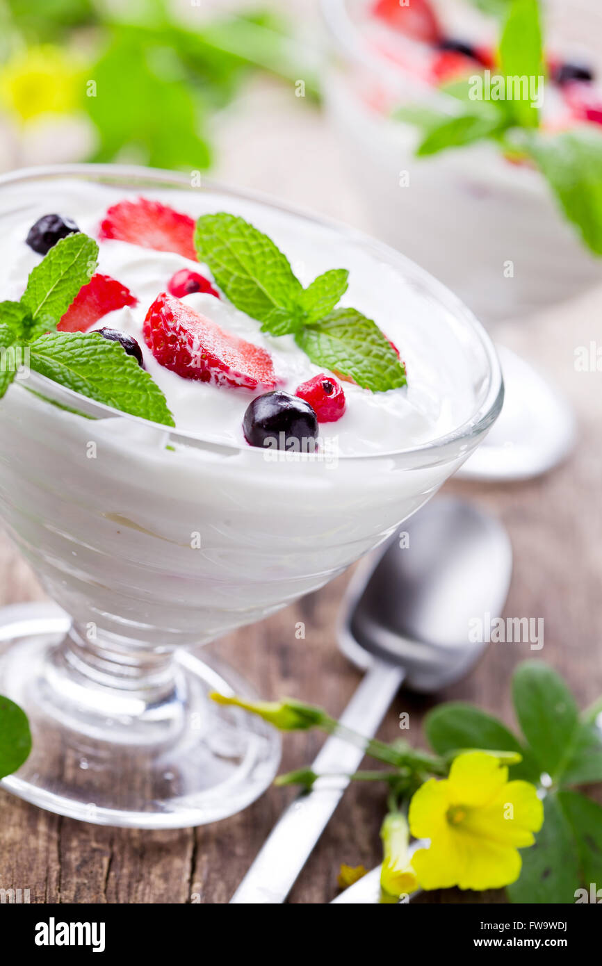 Bowls of fresh homemade yogurt with berry fruits Stock Photo - Alamy