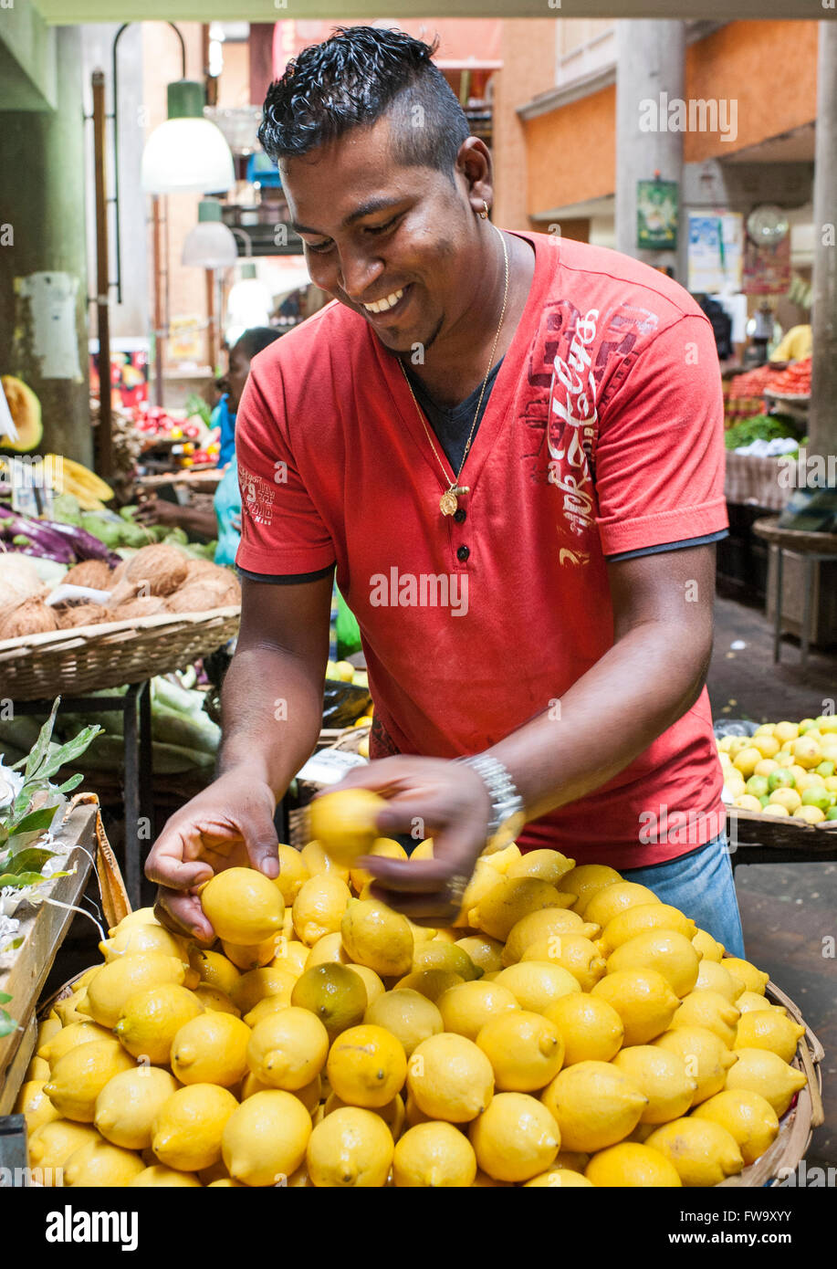Lemon vendor at the market in Port Louis, the capital of Mauritius ...
