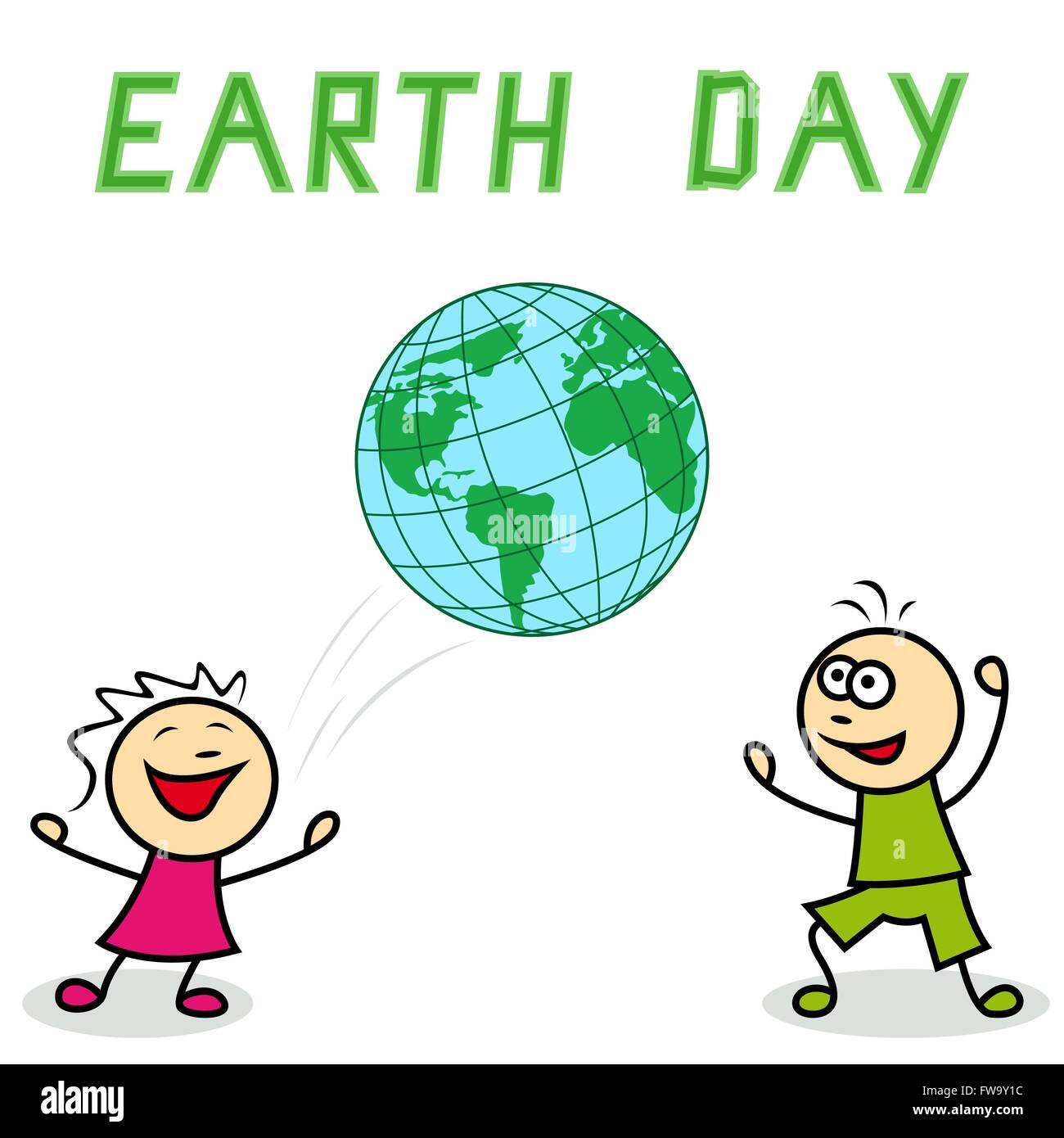 Little girl and boy with the big ball depicting the world, cartoon ...