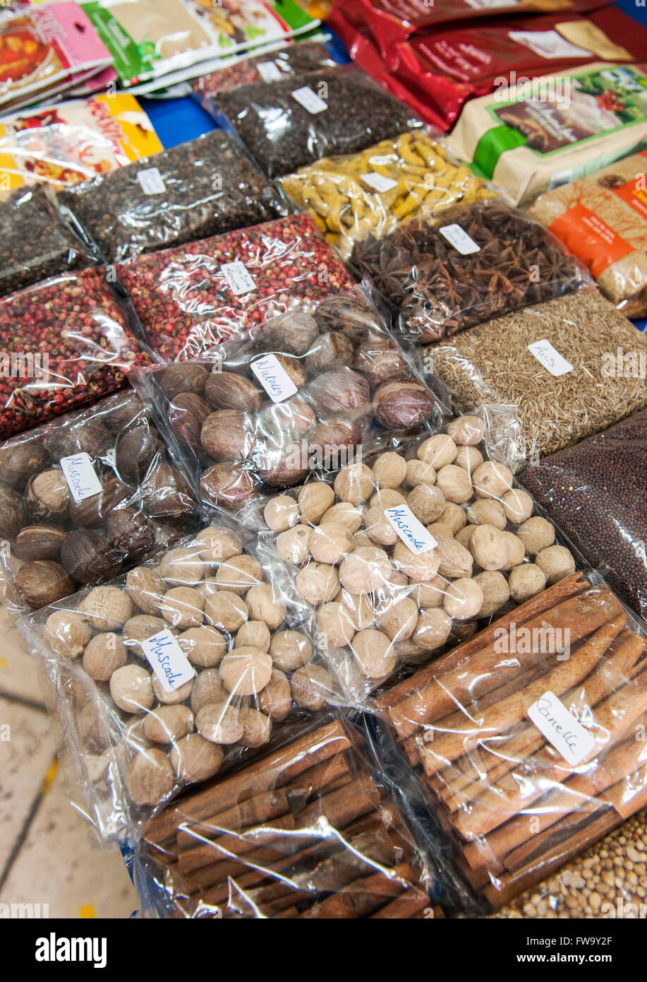 Spices for sale at the market in Port Louis, the capital of Mauritius ...