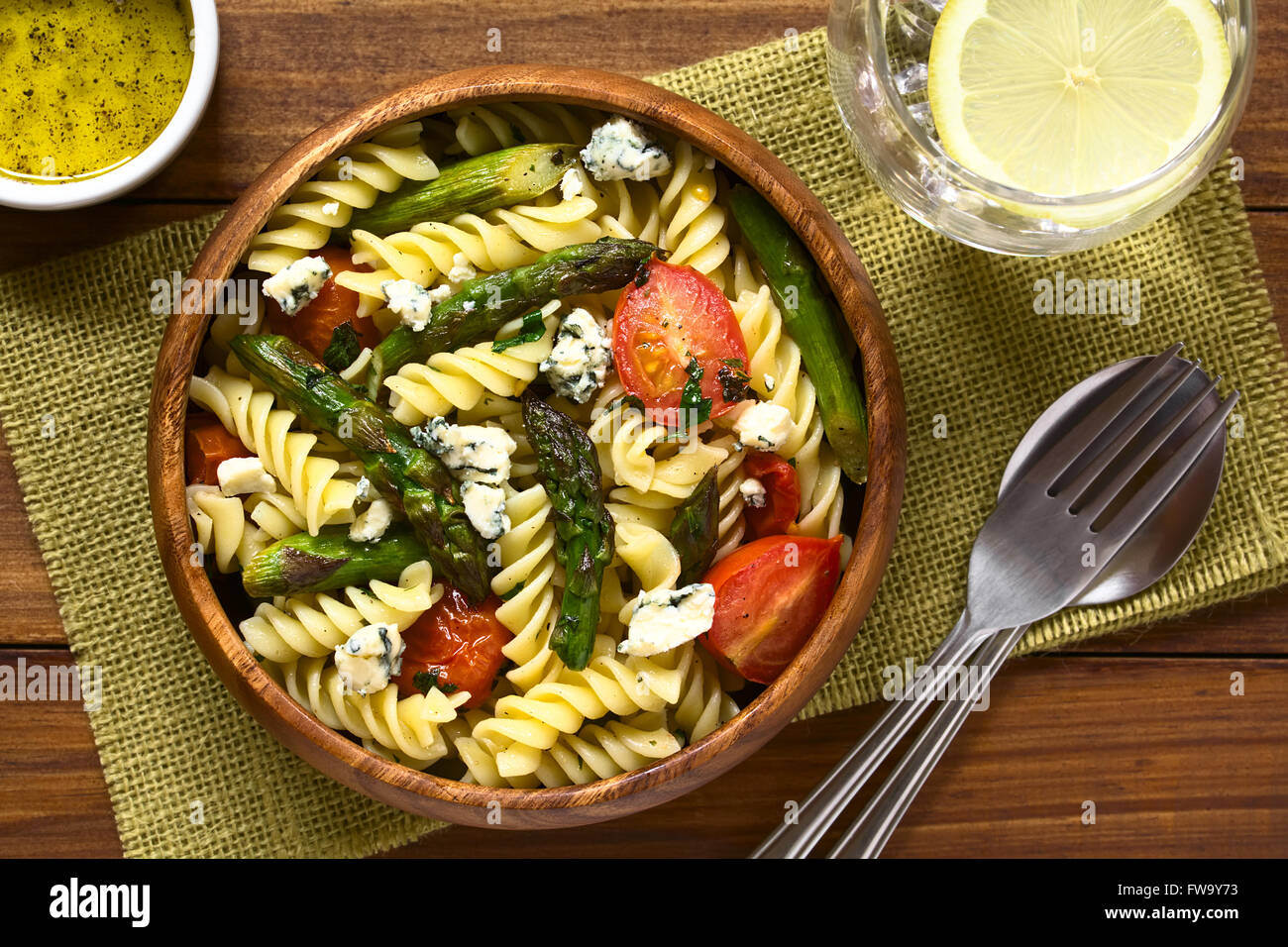 Baked green asparagus, cherry tomato, blue cheese and rotini pasta ...