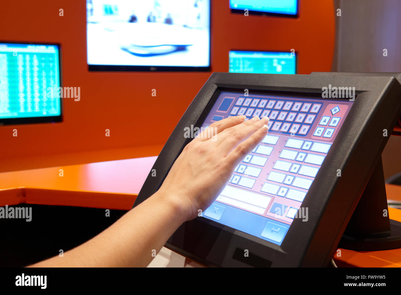 Bet machine with female hand ready to operate. Horizontal Stock Photo ...