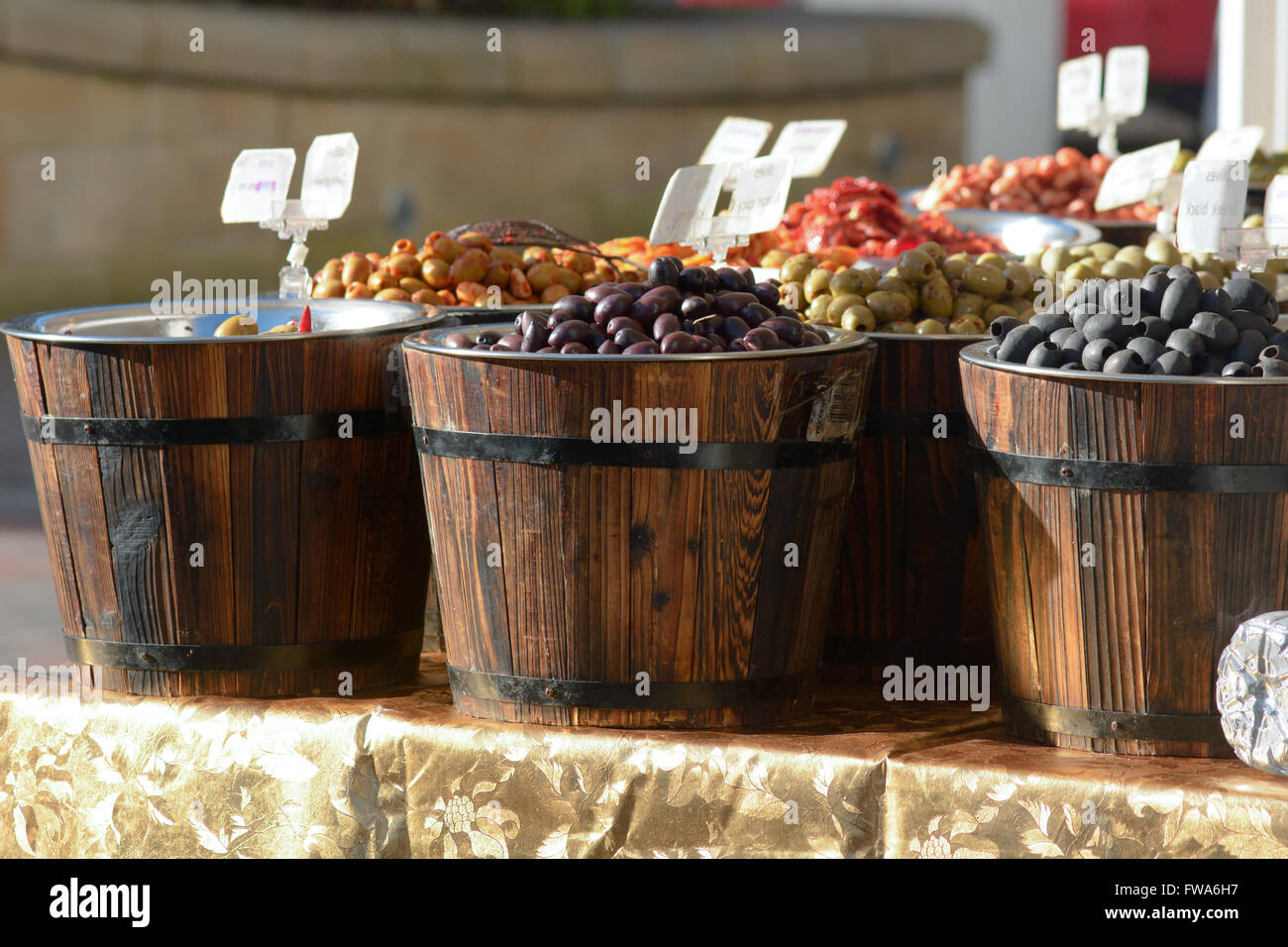 Barrels of olives for sale at market stall Stock Photo - Alamy