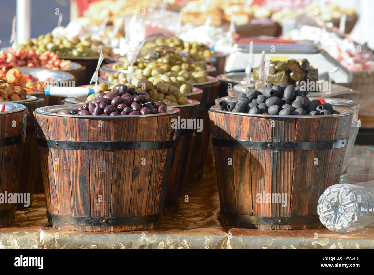 Barrels of olives for sale at market stall Stock Photo - Alamy