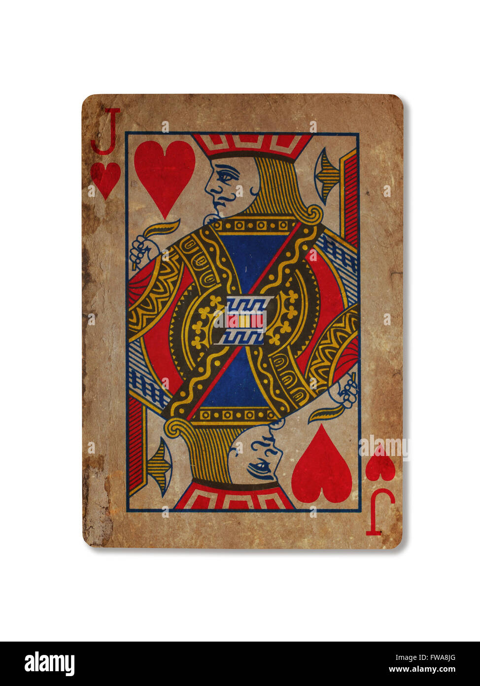 Very old playing card isolated on a white background, Jack of hearts ...