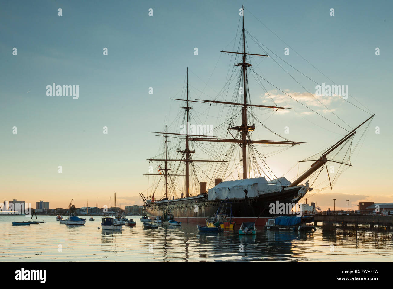 Sunset at HMS Warrior in Portsmouth Historic Dockyard, UK Stock Photo ...