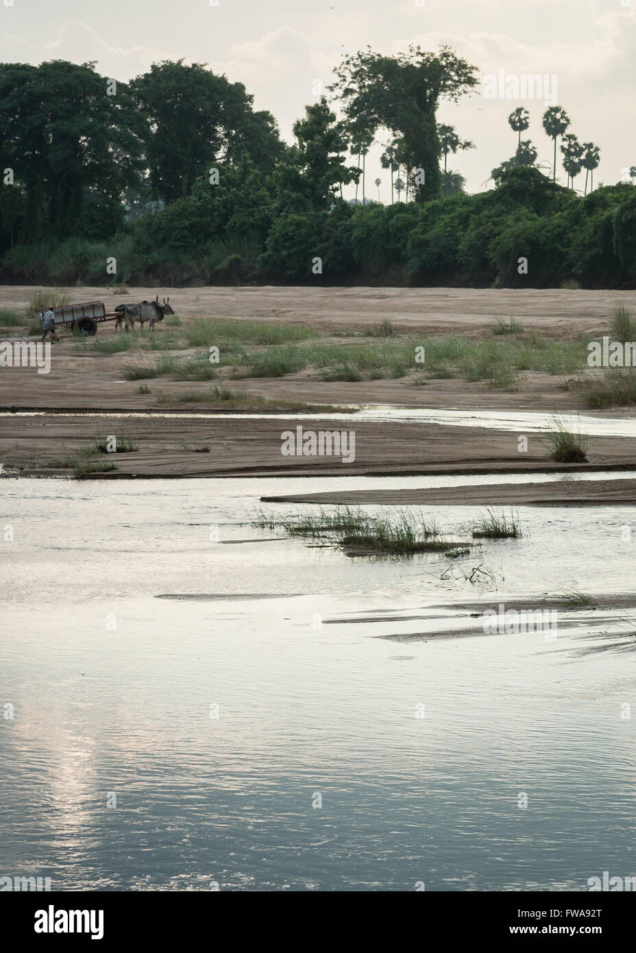 THANJAVUR, INDIA - OCTOBER 15, 2013: Man loads sand out of Vennar River ...