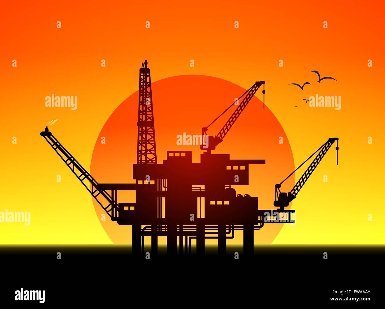 Illustration of oil platform on sea and sunset in background, vector ...