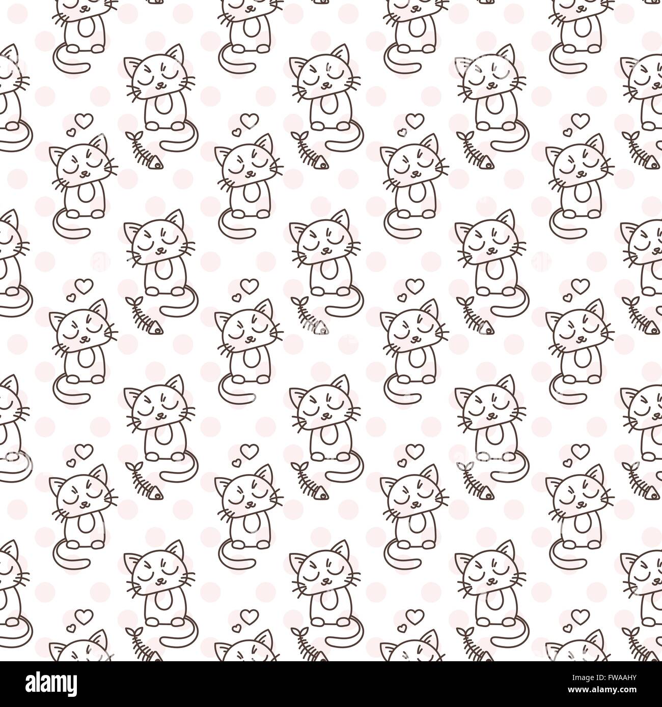 Seamless pattern of cute cat characters. Pet in love. Fishbone Stock ...