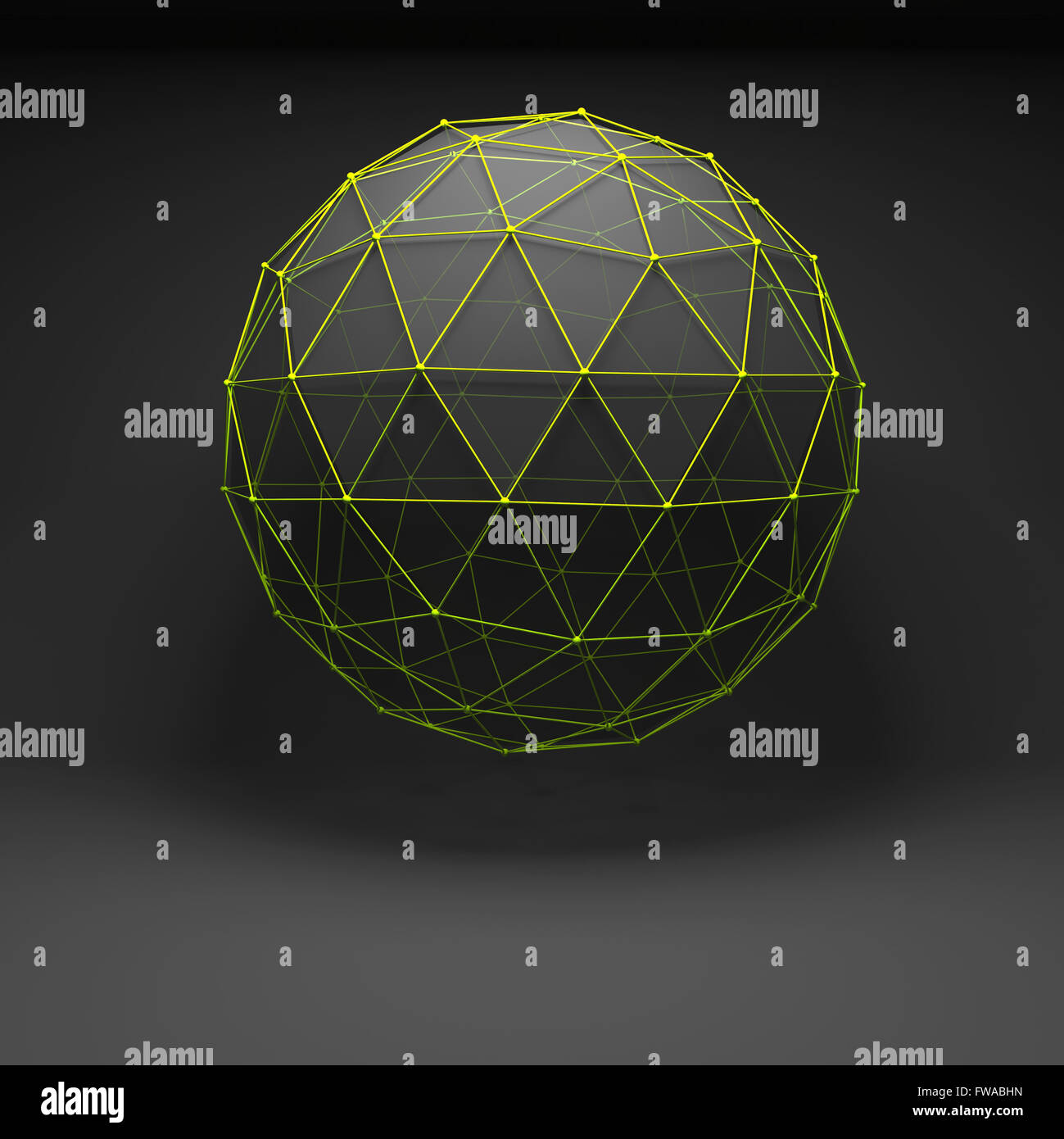 Abstract polygonal spherical object with green lattice wire-frame mesh ...