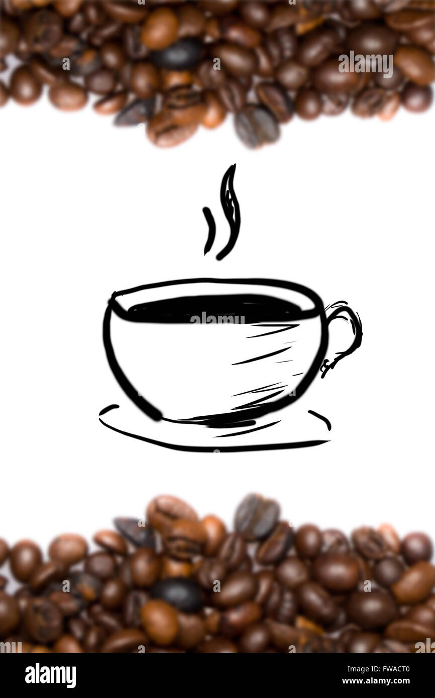 coffee background with roasted coffee beans and drawing cup of coffee ...