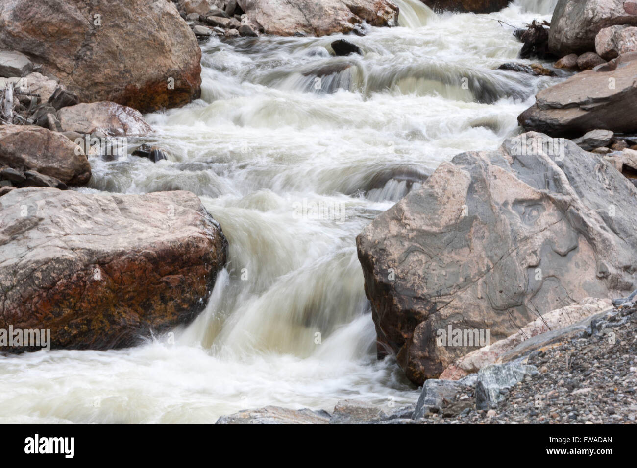 Silky water flowing over rocks in The Big Thompson River, Colorado ...