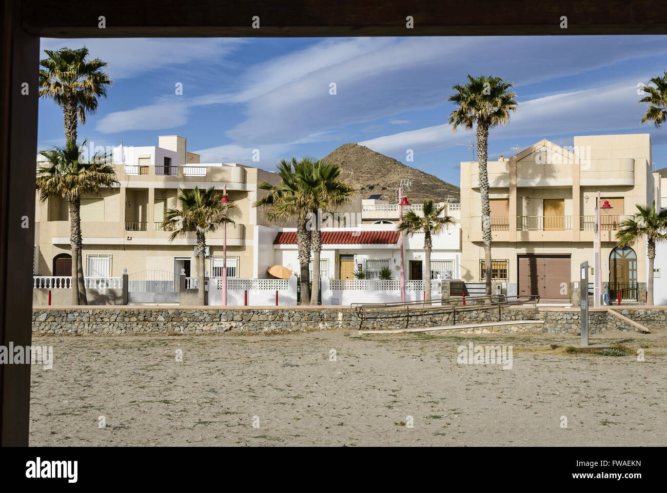 A beach view from a frame in Carboneras, Almeria province, Spain Stock ...